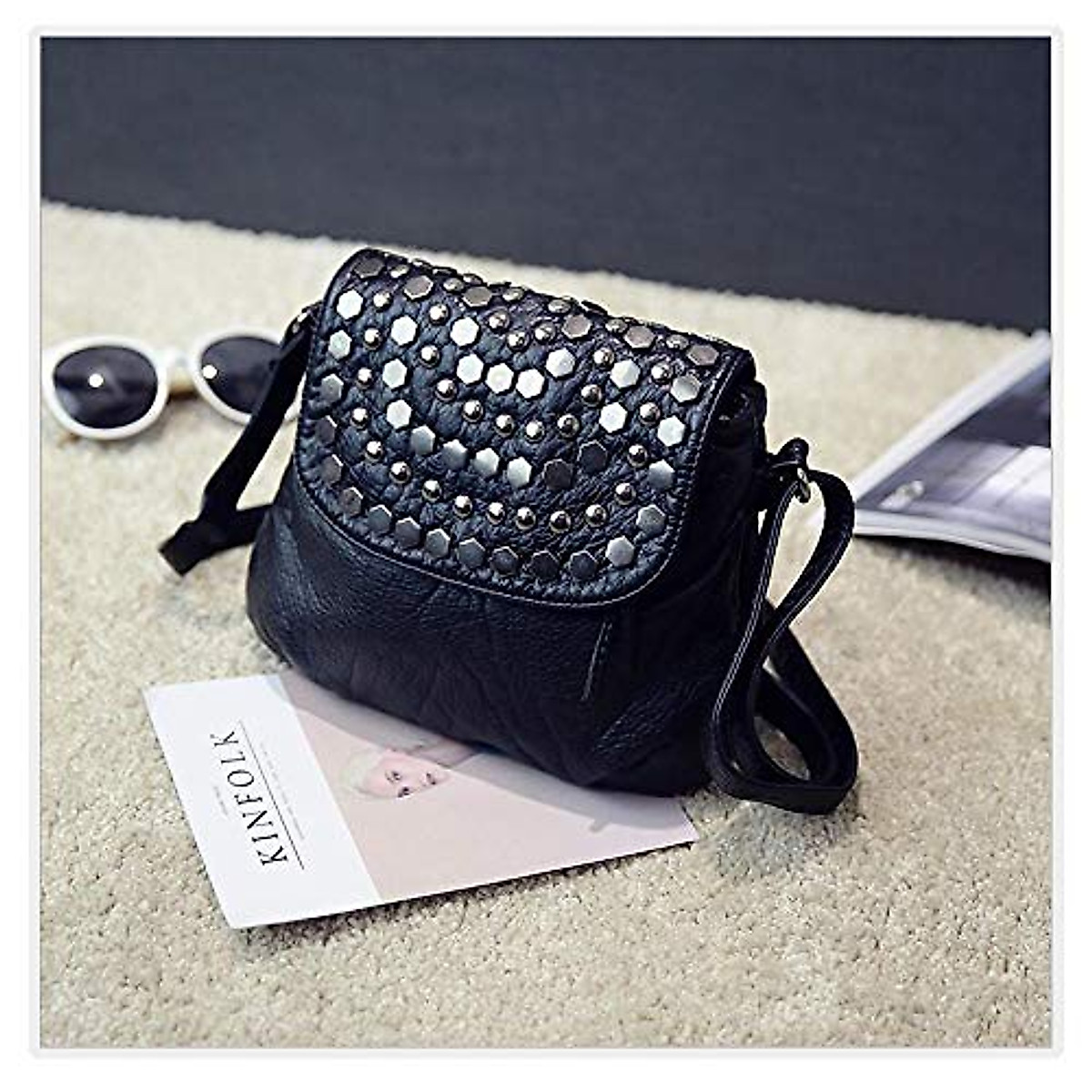 LaRechor Medium Crossbody Bag Multiple Pocket Women Shoulder Purse with Rivets Black