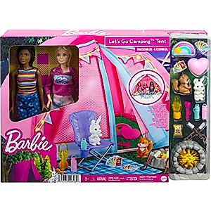 Barbie It Takes Two Dolls & 20 Accessories, Let's Go Camping Tent Playset with Brooklyn & Malibu Dolls & 2 Moving Animals
