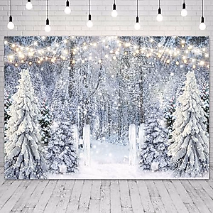 LIVUCEE 7x5ft Polyester Fabric Winter White Snowy Forest Backdrop for Photography Christmas Glitter Wonderland Nature Xmas Trees Pine Forest Holiday Party Decor Kids Family Photo Studio Prop