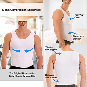 Insta Slim - Made in USA - 3 Pack - Compression Muscle Tank Top Body Shaper for Men. Tummy Control Slimming Shapewear Undershirt for Gynecomastia, Beer Belly & Back Support (White, LG)