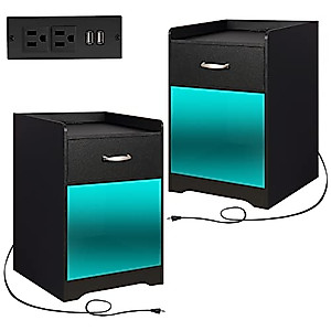 WEENFON Night Stand Set 2 with Charging Station and LED Lights, Nightstands with USB Ports & Outlets, Small Night Stands for Bedroom, Black