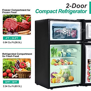 Merax, Black Mini Fridge with Freezer, 3.2Cu.Ft Compact Refrigerator with Two Reversible Doors for Office, Dorm or Bedroom, Adjustable Mechanical Thermostat, 18.9''L x 19.69''W x 32.68''H