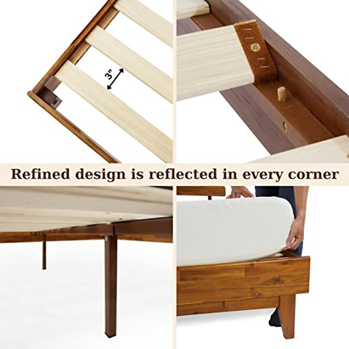 Bme Caden 15 Inch Deluxe Bed Frame with Adjustable Headboard - Mid Century, Retro Style with Acacia Wood - No Box Spring Needed - 12 Strong Wood Slat Support - Easy Assembly - Caramel, King