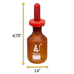 EISCO Dropping Bottle, 60ml (2oz) - Amber Borosilicate 3.3 Glass - Eye Dropper Pipette and Dust Proof Rubber Bulb - Octagonal, Non-screw Top Labs