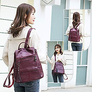 Alovhad Backpack Purse for Women Fashion PU Leather Anti-Theft Shoulder Bag Designer Tassel Rucksack Ladies Tote Handbag (Wine Red)