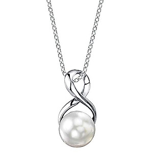 The Pearl Source Freshwater Pearl Pendant Necklace for Women - White Cultured Pearl Necklace with Infinity Design | Single Pearl Necklace for Women with 925 Sterling Silver Chain, 9.0-10.0mm