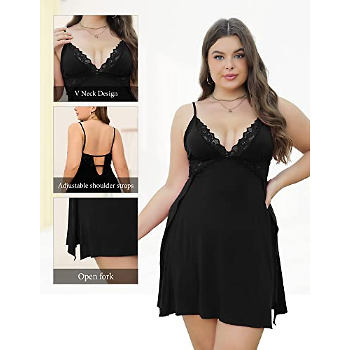 Queenfox Plus Size Babydoll Lingerie for Women Sexy Nightgowns Side Slit Sleepwear V-Neck Babydoll Dress Lace Chemise Black 3XL