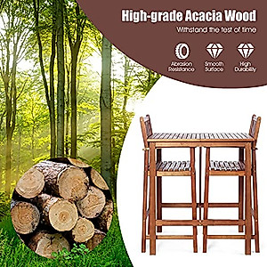 COSTWAY 3PCS Bar Table Set, Outdoor Acacia Wood Dining Set, Spacious Tabletop, Comfortable Backrest, Suitable for Sunroom, Backyard, Balcony, Space-Saving Design