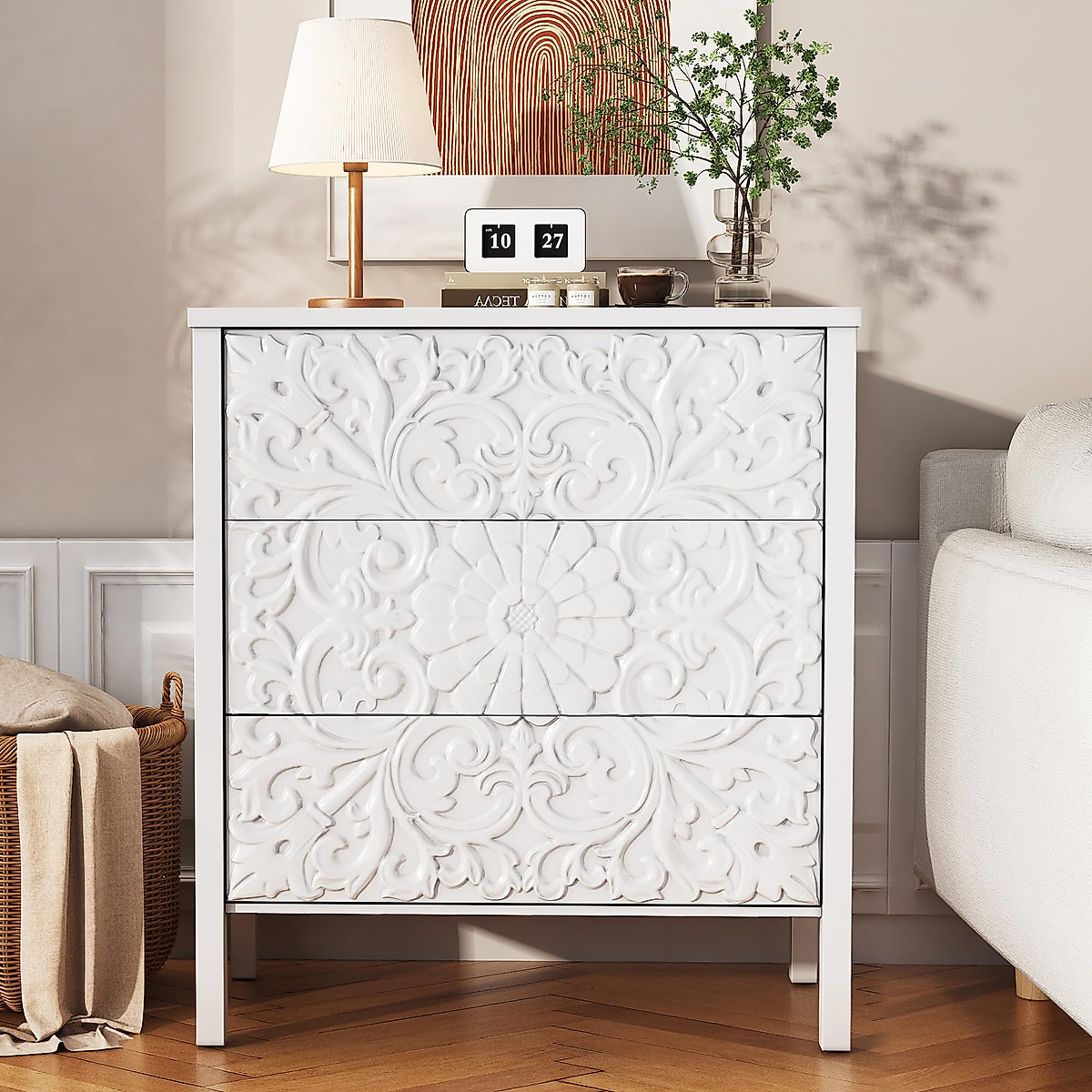 PHOYAL 3-Drawer Dresser Chest, Modern Wooden Flower Motif Dresser with Wide Storage Space Chest of Drawers Bedside Nightstand Dresser Closet for Living Room Bedroom, Hallway (White)