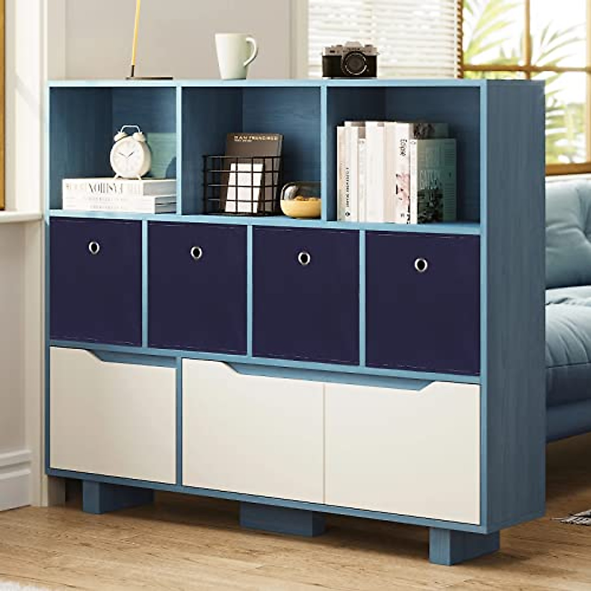 DABEACT Fabric Cubes Storage Containers ,11 Inch Cloth Storage Cube Foldable Storage Bins Cubes Organizer Baskets with Dual Handles for Shelf Closet Set of 3,(Navy Blue)