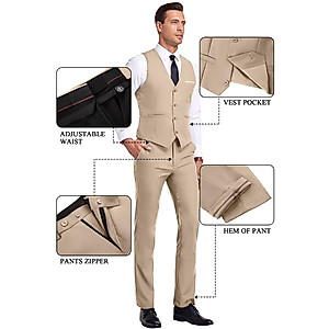 Suits for Men 3-Piece Slim Fit Business Suit Prom Tuxedo, Two Button Wedding Blazer Vest Pants Set Champagne-XL