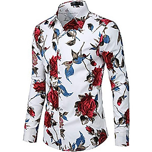 ZEROYAA Men's Hipster Retro Rose Floral Printed Casual Slim Fit Long Sleeve Streth Shirt ZLCL04-101-White Small