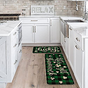 Artoid Mode Green Buffalo Plaid Let's Get Shamrock Lucky Clover Kitchen Mats Set of 2, Seasonal St. Patrick's Day Anniversary Holiday Decorations for Home Kitchen - 17 x 29 Inch and 17x47 Inch
