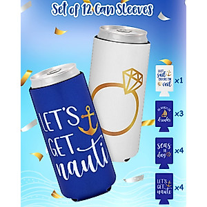 CiyvoLyeen Let’s Get Nauti Beer Can Coolers, Bachelorette Party Slim Can Sleeves Beverage Nautical Sailor Drink Holder Soda Cover Coolies Weddings Supplies Last Sail Before The Veil Decorations 12PCS
