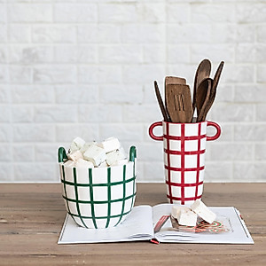 Creative Co-Op Hand-Painted Stoneware Container with Grid Pattern and Handles, Red and White