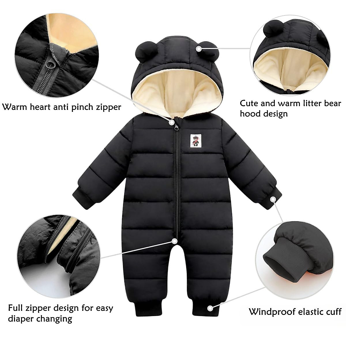 CHAOJIESI Baby Hoodie Jacket Infant Newborn Jumpsuit Snow Suit Winter Zip Up Long Sleeve Puffer One-Piece Coat Black 0-6 Months