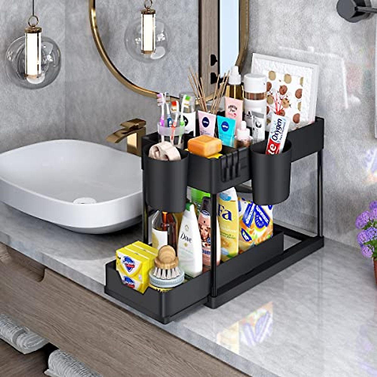 Under Sink Organizers 2 Pack, 2 Tier Sliding Under Bathroom Cabinet Storage Drawer Organizer with Hooks, Hanging Cup, Dividers for Bathroom, Kitchen Multi-Purpose, Under Sink Organizers and Storage