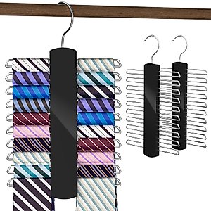 Dolinvo Tie Rack Tie Hanger 2Pack, Premium Wooden Tie Organizer 40 Storage Capacity Tie Holder for Closet,360 Degree Space Saving Ties/Belt/Scarves Hanger for Men,Black
