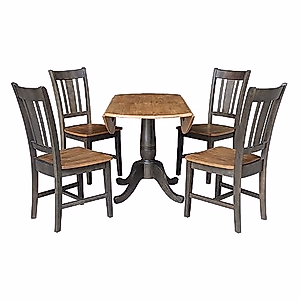 IC International Concepts 42-Inch Round Drop Leaf Dining Table Set with 4 Chairs, Ideal for Small Spaces and Dining Rooms - Hickory/Washed Coal Finish