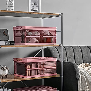 DSVENROLY 2Pcs Foldable Plastic Storage Box With Lid, Upgrade Multifunction Transparent Collapsible Storage Bins, Stackable Clear Latch Storage Box with Handle, Folding Plastic Containers (Pink)