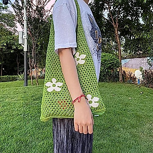 CICILEEDA Crochet Bag Knitted Beach Tote Bags for Women Summer Y2K Aesthetic Hobo Flower Fairy Fairycore Grunge Bag Flower Green One Size