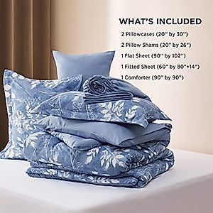 Bedsure Queen Comforter Set - 7 Pieces Blue Floral Bedding Sets Queen Bed in a Bag with Reversible Botanical Flowers Comforter, Sheets, Pillowcases & Shams