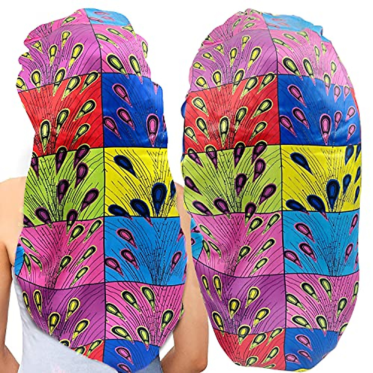 2Pcs Long Braids Satin Bonnet,Soft Comfortable Elastic Band Silky Satin Sleep Cap for Long Hair,Braids,Curly Hair,Night Sleep(Colorful Peacock)