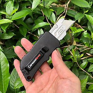 Caressolove Automatic Pocket Knife, Black Razor Blades Utility Knife, Box Cutters Retractable Heavy Duty, Premium Safety Push Button Knife with 5PCS Blades