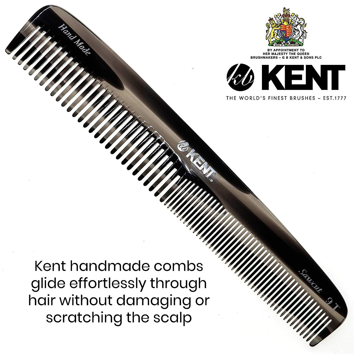 Kent 9T Graphite Fine Tooth and Wide Tooth Comb Detangler Hair Combs - Large Handmade and Saw-Cut Dressing Comb - Wet Hair Comb for Women and Durable Grooming Comb for Men Made in England
