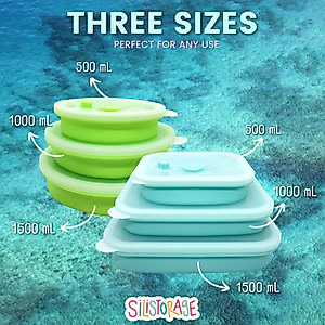 SiliStorage Set of Three Rectangular Collapsible Food Storage Containers with Airtight Flexible Lids - BPA Free, Compact, Oven, Microwave and Freezer Safe (Square Set)