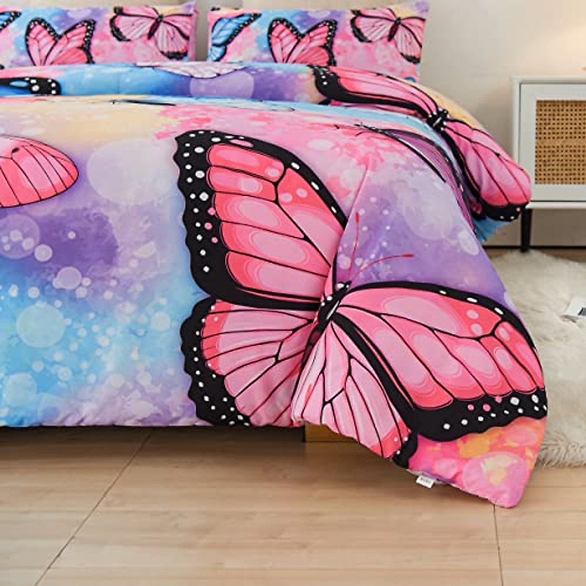 Btargot Lightweight Microfiber 3 Piece Comforter Set with 2 Pillowcases, Butterfly Pattern Bedding Set, Twin Multi-Color