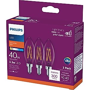 Philips 554121 40W Candelabra Base Blunt Tip Candle LED Bulb-(3 Pack)