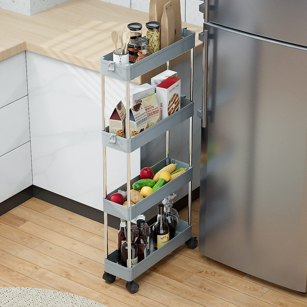 OTK Slim Storage Cart 4 Tier Mobile Shelving Unit Organizer, Utility Rolling Shelf Cart with Wheels for Bathroom Kitchen Bedroom Office Laundry Narrow Places，Grey