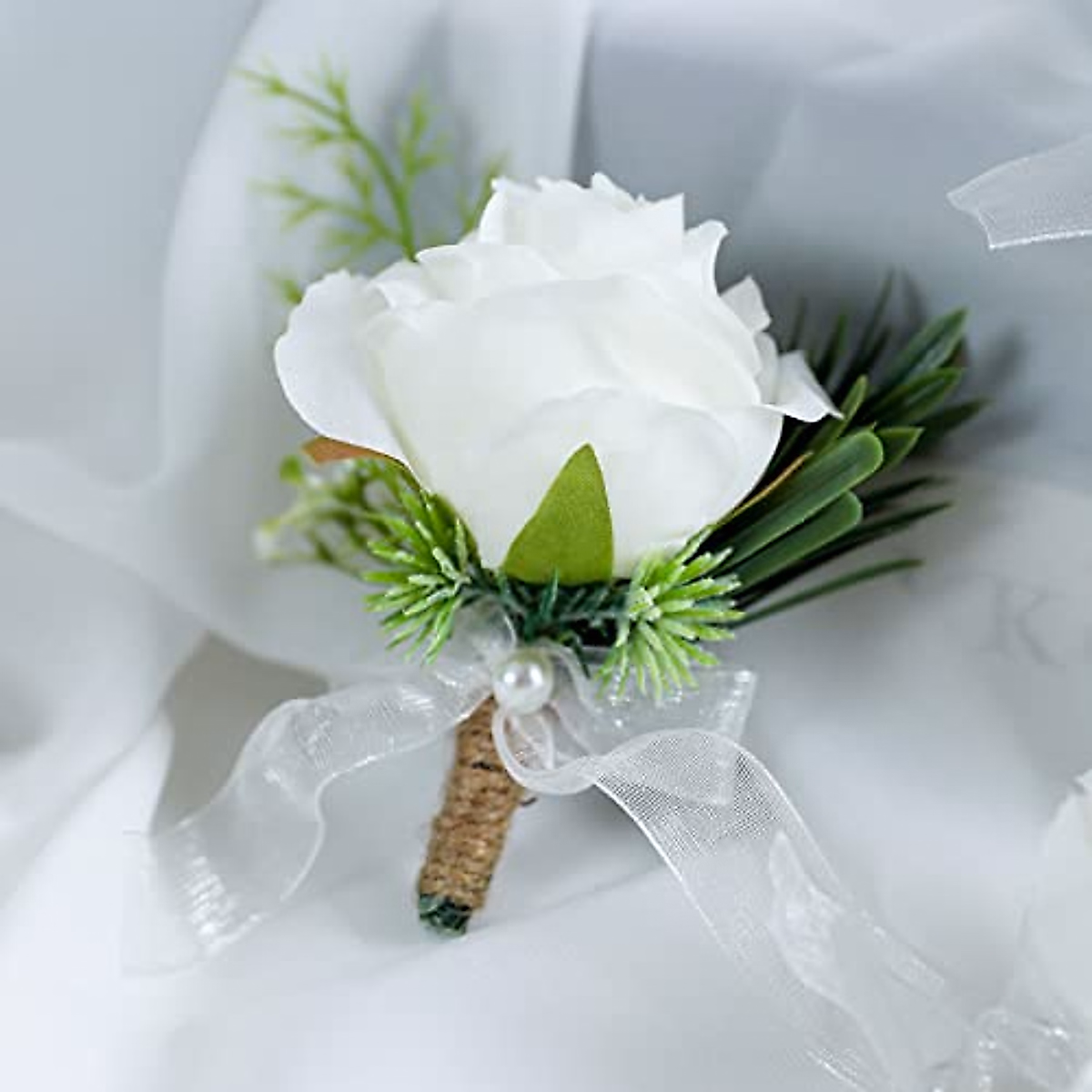 Senseya Wrist Corsage Wristlet Band Bracelet for Girls Women Bride Bridesmaid, Corsages Wristlet Artificial Silk Roseboutonniere Hand Flower Prom Decor (1 Boutonniere & 1 Wrist Corsage White)