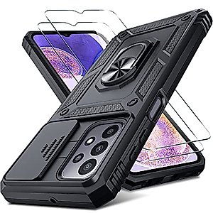 Janmitta for Samsung Galaxy A23 5G/4G Case Built in Slide Camera Lens Cover+Screen Protector,Heavy Duty Shockproof Full Body Protective Cover,Built in Finger Ring Stable Holder Kickstand,2022 Black