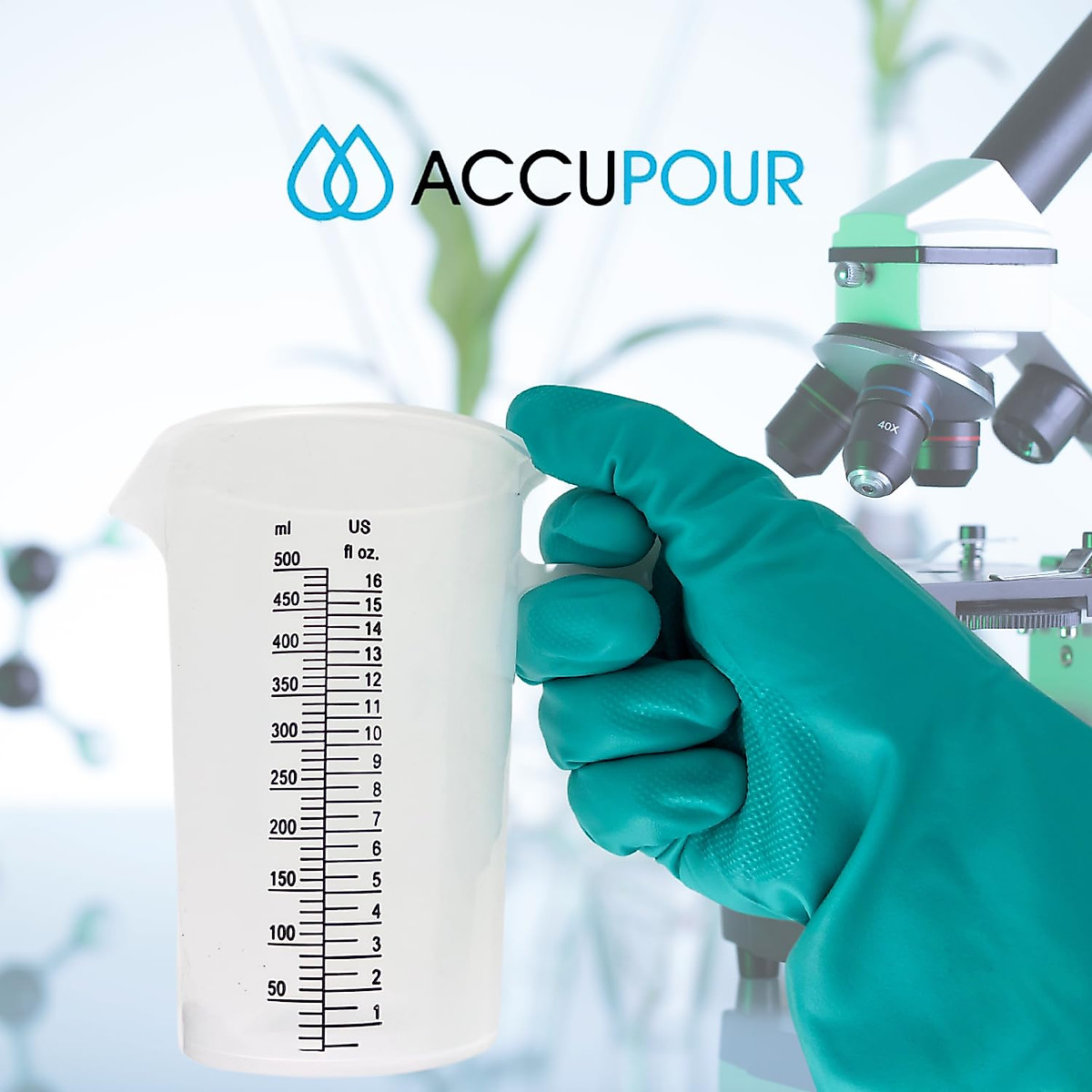 ACCUPOUR Measuring Pitcher, Plastic, Multipurpose - Great for Chemicals, Oil, Pool and Lawn - Ounce (oz) and Milliliter (mL) Increments, Bundle with ACCUTECH Nitrile Gloves (13 mil) XL (32oz)