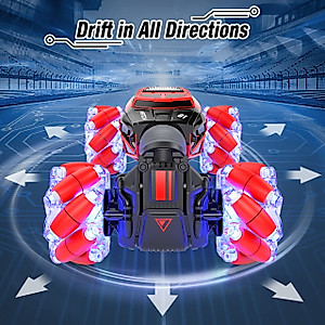 Powerextra LED Remote Control Car, 4WD 2.4GHz Gesture Sensing Rc Stunt Car, Double Sided 360°Rotating Transform Off Road Car with Light, Toy Cars for 6-12 Year Old Boys & Girls - Red