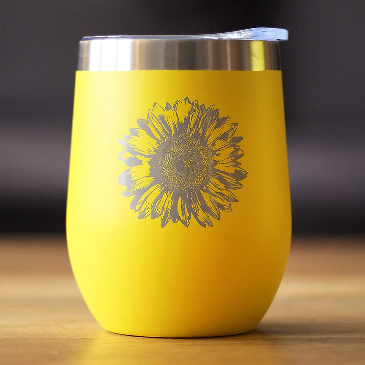 Sunflower - Wine Tumbler Glass with Sliding Lid - Stainless Steel Insulated Mug - Flower Décor Gifts