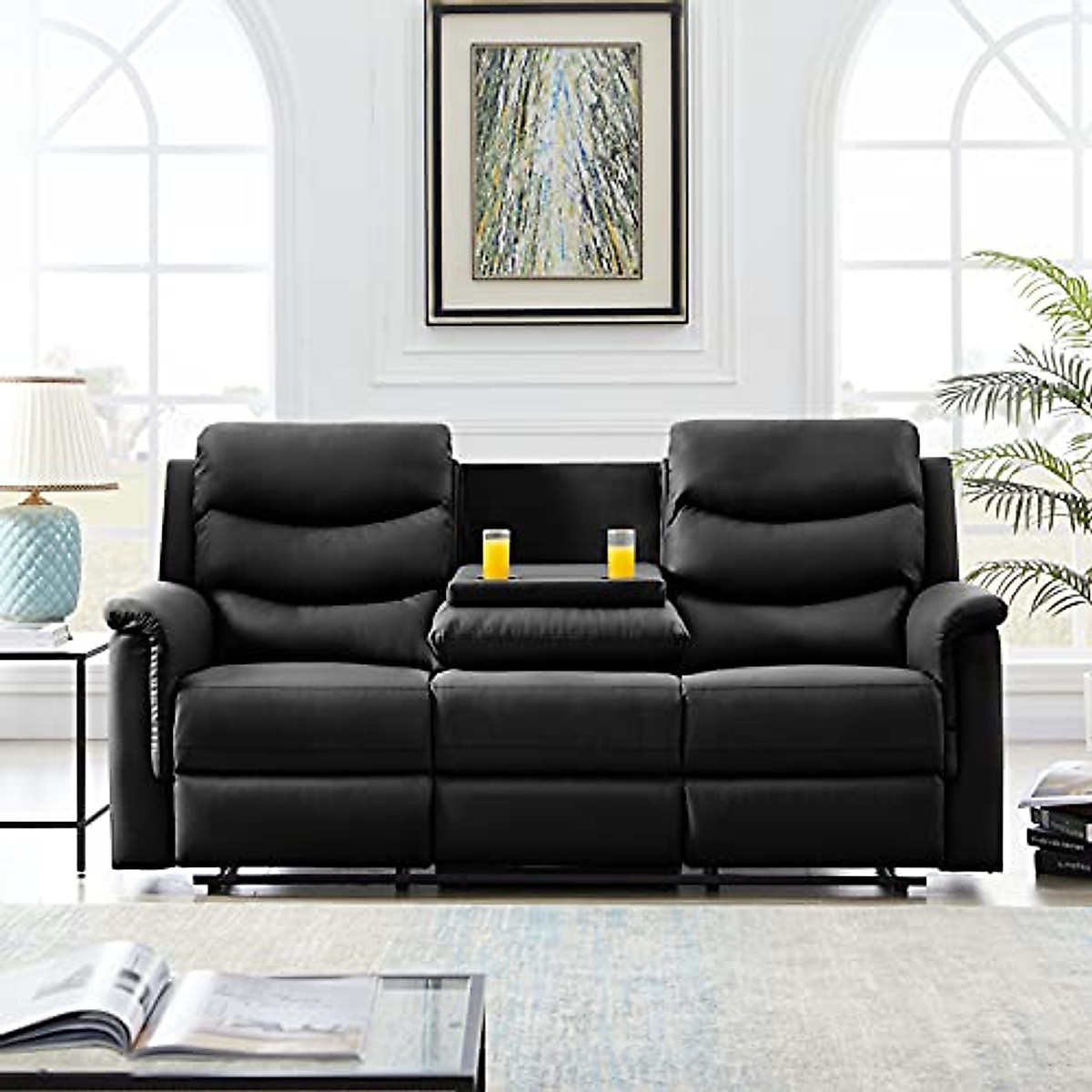 Verfur Double Recliner RV Sofa with Console |Faux Leather Motion Couch with 2 Cup Holders, 3-Seater Loveseat Couches with Flipped Middle Backrest, Home Theater Seating Living Room Furniture Sets