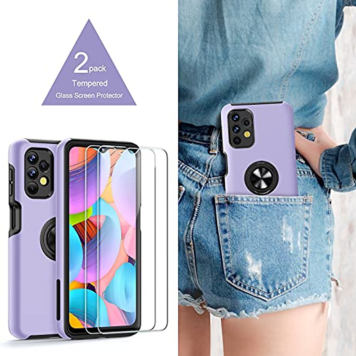 JAME Designed for Samsung Galaxy A32 5G Case with 2 Pack Tempered Glass Screen Protector Shockproof Scratch Proof Protective Cover with Built-in Magnetic Kickstand for Samsung Galaxy A32 5G, Purple