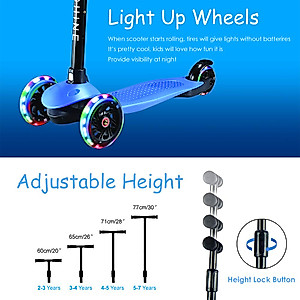 Kids Kick Scooters for Toddlers Boys Girls Ages 2-5 Years Old, Adjustable Height, Extra Wide Deck, Light Up Wheels, Easy to Learn, 3 Wheels Scooters, Blue