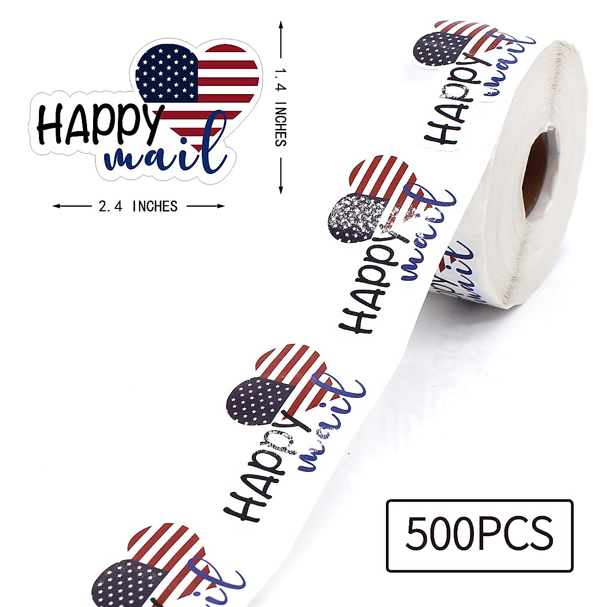 Littlefa 1.5” Happy Mail with America Flag Love Shaped Design Stickers,Thank You Stickers,Mail Stickers,Handmade Stickers,Small Business Stickers, Envelopes Stickers, Gift Bags Packaging 500 PCS