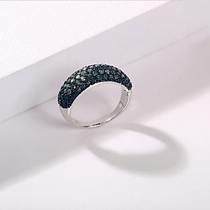 DZON Sterling Silver 1CT TDW Blue Diamond studded Ladies Cocktail Prong Set Right Hand Fashion Anniversary Wedding Multi Row Ring Band for Women (I-J, I2) Ring Size 7