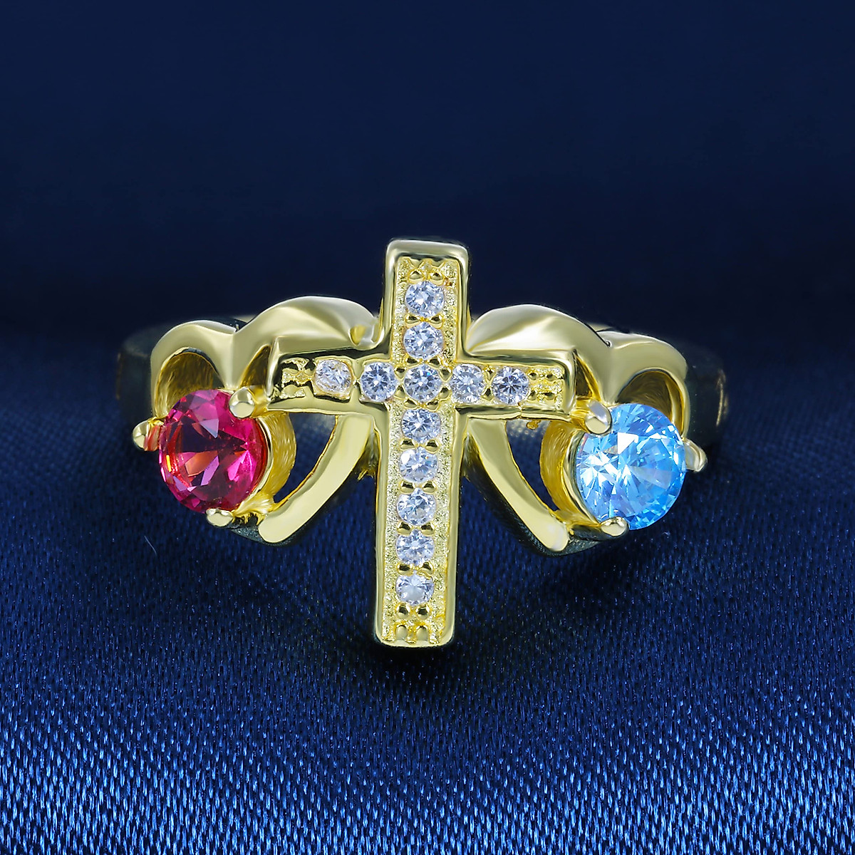 SHAREMORE Birthstone Rings for Women Personalized Cross Ring for Mom with 2 Birthstone Purity Mothers Cross Name Rings Promise Rings Name Rings Mothers Day Rings