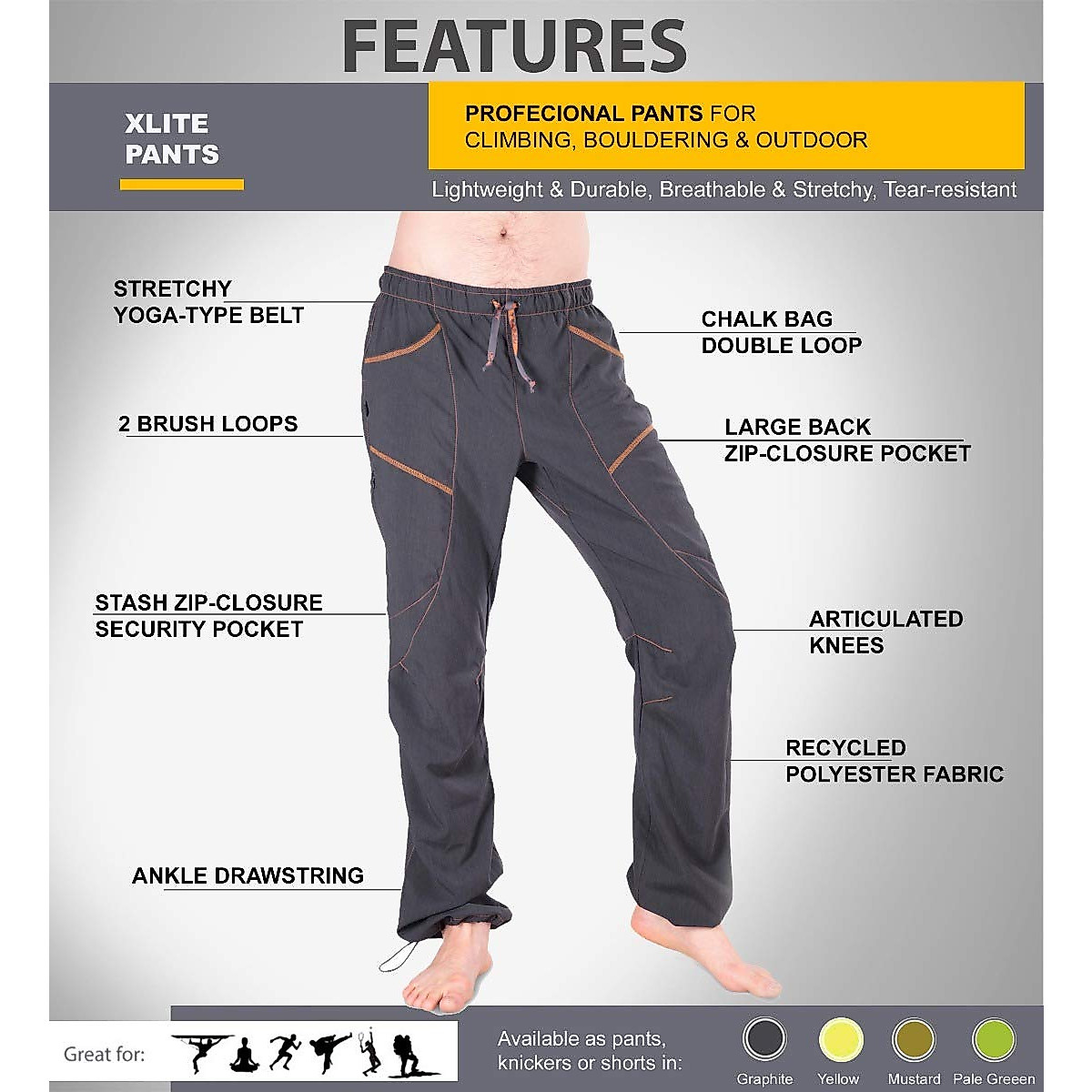Ucraft "Xlite Rock Climbing, Bouldering and Yoga Pants. Lightweight, Stretching, Breathable (Size M, Color Mustard)