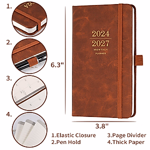 2024-2027 Monthly Pocket Planner - 3 Year Pocket Calendar, Faux Leather Cover, Jul 2024 - Jun 2027, 3.8" × 6.3", Pen Holder, 2 Bookmarks, Back Pocket