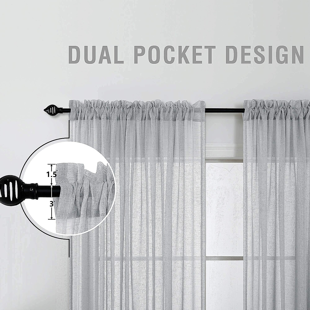 koufall Gray Linen Look Curtains 96 ines Long Set of 2 Rod Pocket Elegant Woven Textured Voile Sheer Drapes for Bedroom Living Room Patio Sliding Door Home Office Backdrop 52x96 in Length Silver Grey