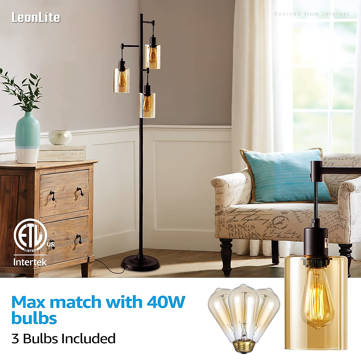 LEONLITE Farmhouse Floor Lamp for Living Room, Industrial Tree Standing Lamp with 3 Amber Glass Shades & Incandescent Bulbs, Rustic Vintage Tall Pole Light with Metal Base for Bedroom Office Study