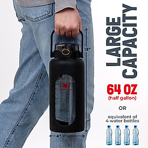 Leakproof 64 oz Glass Water Bottle - Borosilicate Large Glass Water Bottle with Straw, Silicone Sleeve and Time Markers, Half Gallon Jug, Suitable for Travel, Sports, Gym, and Daily Intake