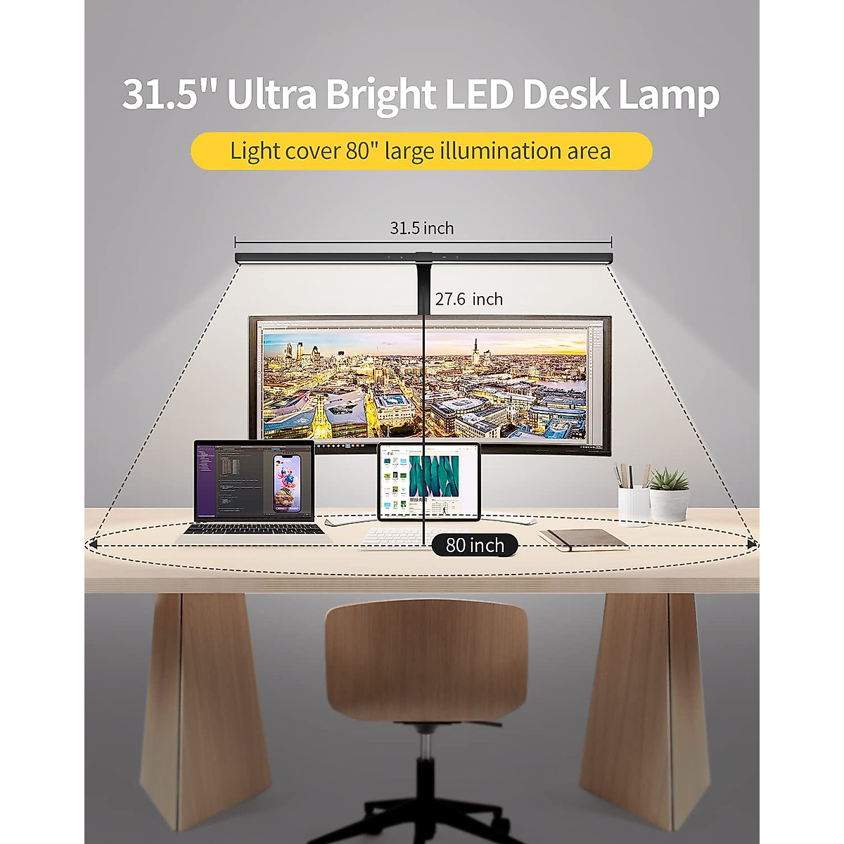 Desk Lamps for Home Office, 24W Extra Bright Architect Desk Lamp with Clamp, 31.5" Wide Modern Black Desk Lights with Auto Dimming Memory Function, Stepless Dimming task lamp for Workbench Monitor